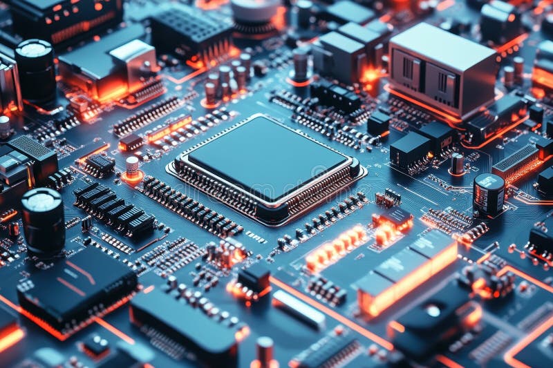 Close-up View of a Computer Circuit Board with Glowing Components and ...