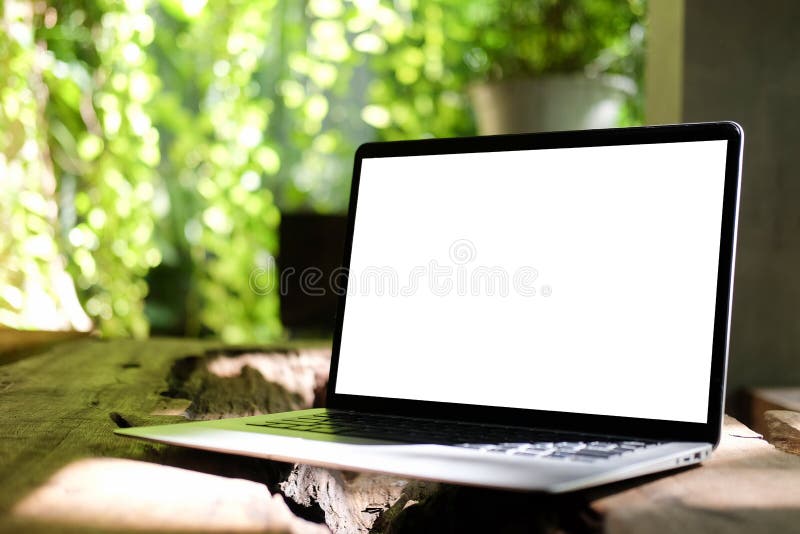 Close Up View Computer Laptop with Empty Screen on Wooden Table in the ...