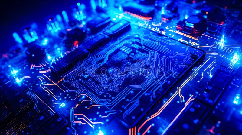 Close Up View of Computer Motherboard with Blue and Red Lights ...