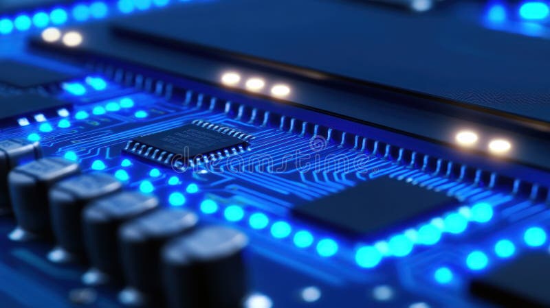Close-up View of Computer Motherboard with Circuits and Blue LED Lights ...