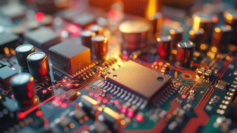 Close-up View of a Computer Motherboard with Glowing Circuits. Concept ...