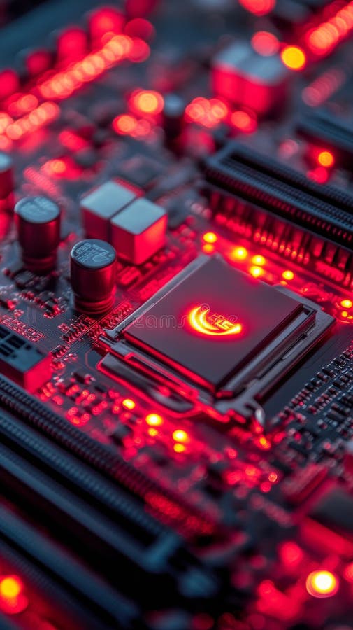 Close-up View of a Computer Motherboard Illuminated by Red Lights ...
