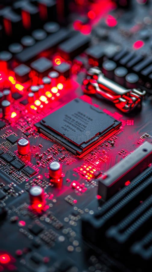 Close-up View of a Computer Motherboard Illuminated by Red Lights ...