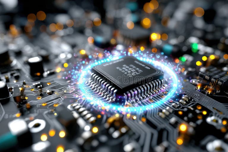 Close-up View of a Computer Processor on a Circuit Board with Glowing ...