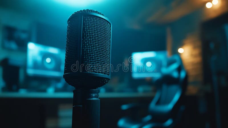 Close-up View of Condenser Microphone in Gaming Studio Setup with Dual ...