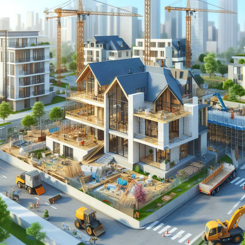 Close-up View of a Construction Site Behind a House Under Construction and Construction Cranes ...