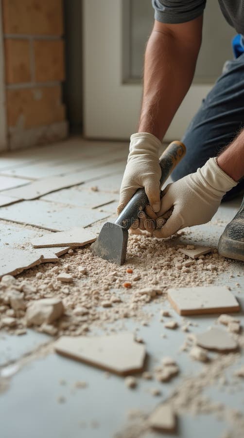 Close-Up of Construction Worker Removing Tiles with Chisel and Scraper ...