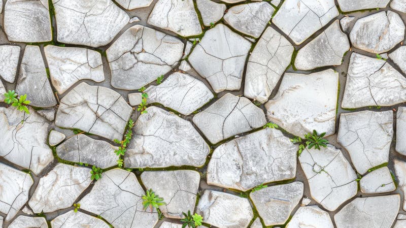 A Close-up View of a Cracked Stone Pathway with Small, Green Plants ...