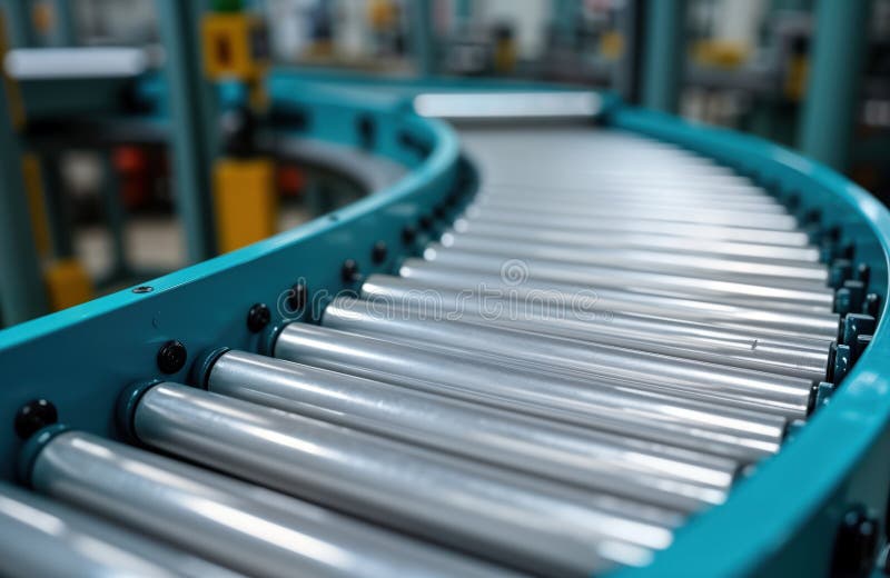 Close-up View of Curved Roller Conveyor System. Metal Rollers Aligned ...