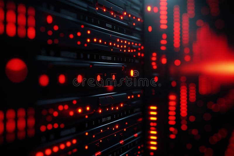 Close Up View of Cyberpunk Inspired Server Panel Featuring Glowing Red ...