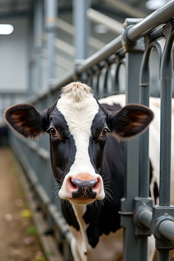 Close-up View of a Dairy Cow in a Barn Looking Directly at the Camera ...