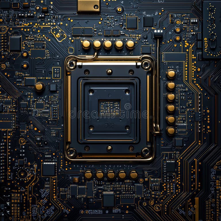 Close-up View of a Dark Circuit Board with Gold Plated Connectors ...