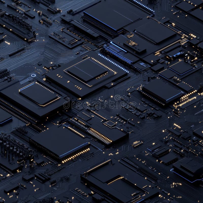 Close-up View of Dark Circuit Board with Illuminated Microchips and ...