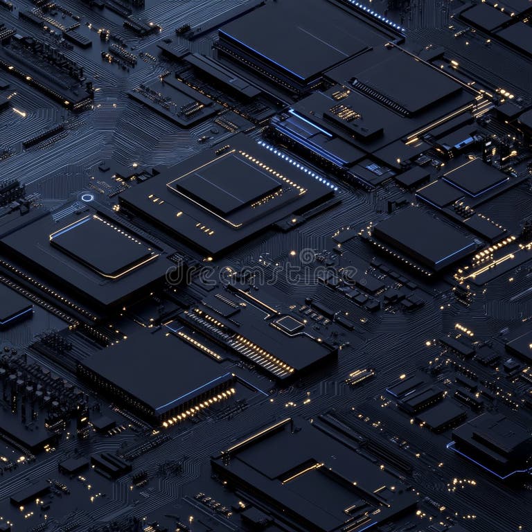 Close-up View of Dark Circuit Board with Illuminated Microchips and ...