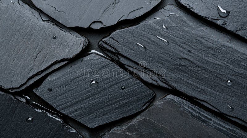 A Close-up View of a Dark Gray Slate Surface with Water Droplets ...