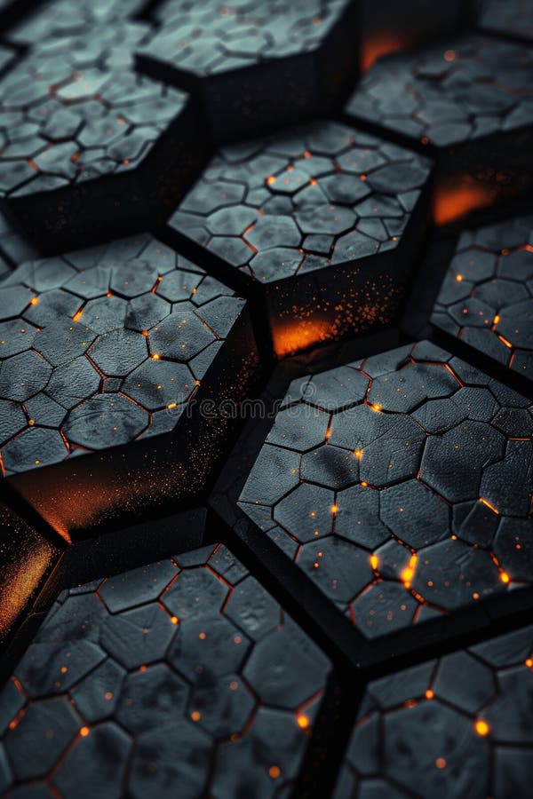 Close-up View of Dark Hexagonal Tiles with Glowing Embers on a Textured ...