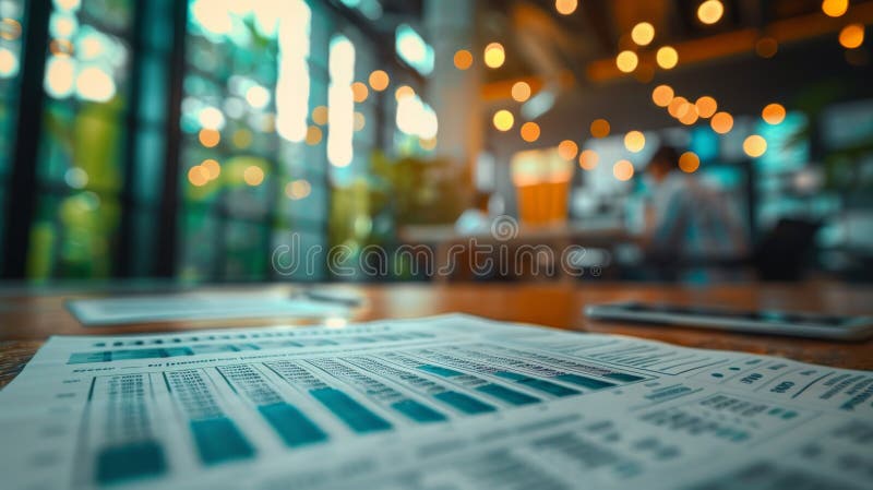 Close Up View of Data Analysis Spreadsheets in a Blurred Cafe Setting ...