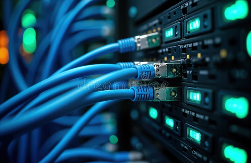 Close-up View of Data Cables Connected To Server Rack. Blue Network ...