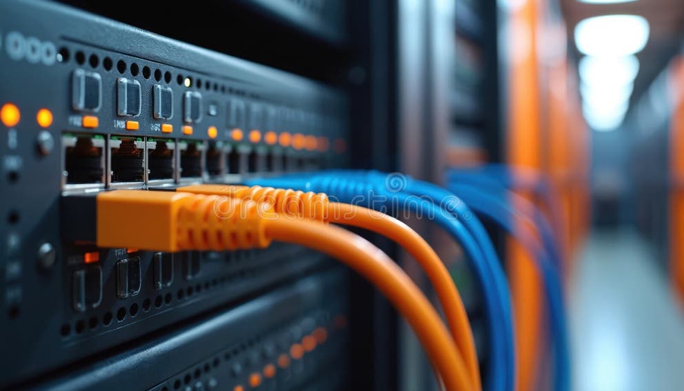 Close-up View of Data Center Networking Infrastructure Setup with High ...