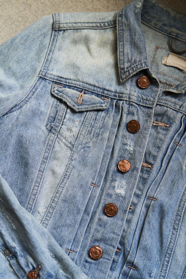 Close Up View of Denim Jacket with Buttons and Pocket Stock Photo ...