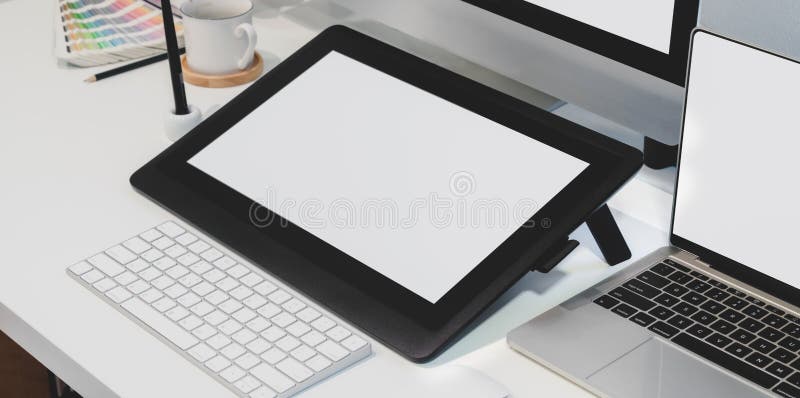 Close-up View of Designer Workplace with Blank Screen Digital Tablet ...