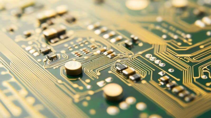 Close-up View of a Detailed Green Circuit Board with Gold Paths and ...