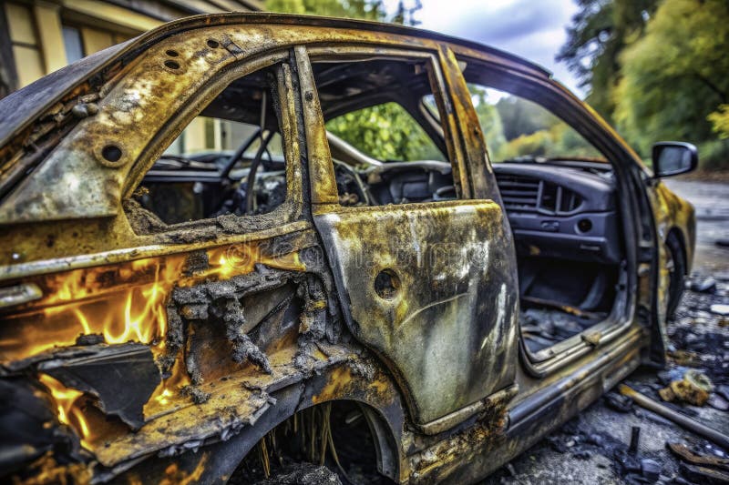 Close-up View of a Devastated Vehicle: Intense Fire Damage and Melted ...
