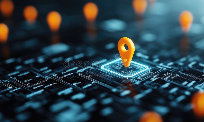 A Close-up View of a Digital Network with Orange Location Pins ...
