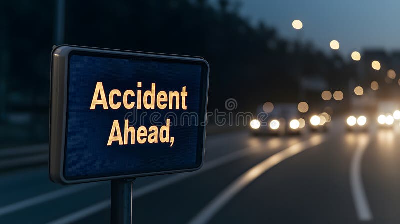 Close-Up of Digital Road Warning System Display at Dusk with Blurred ...