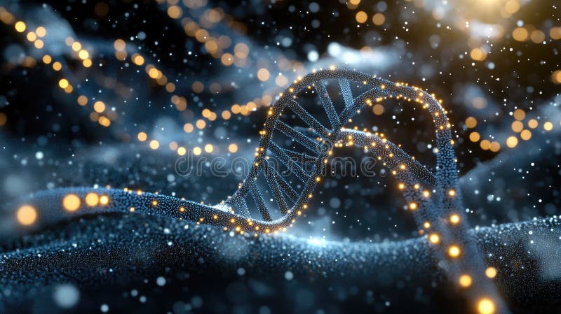 A Close-up View of a DNA Helix Surrounded by Luminous Blue Particles ...