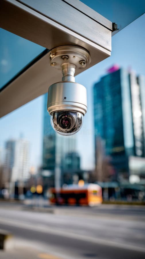 Close-up View of a Dome CCTV Camera Mounted on Metallic Roof in Modern ...