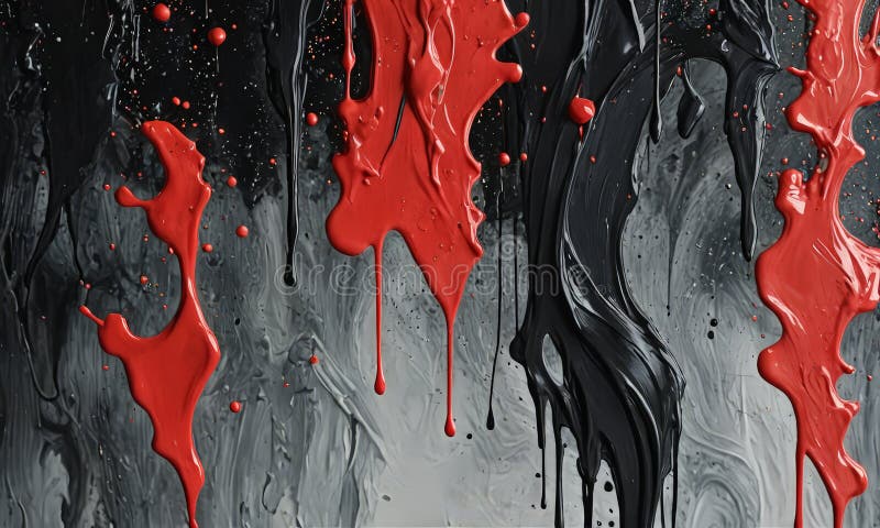 Close-up View Dripping, Abstract Painting with Red and Black Paint ...