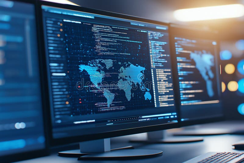 A Closeup View of Dual Computer Screens Displaying Code and a World Map ...
