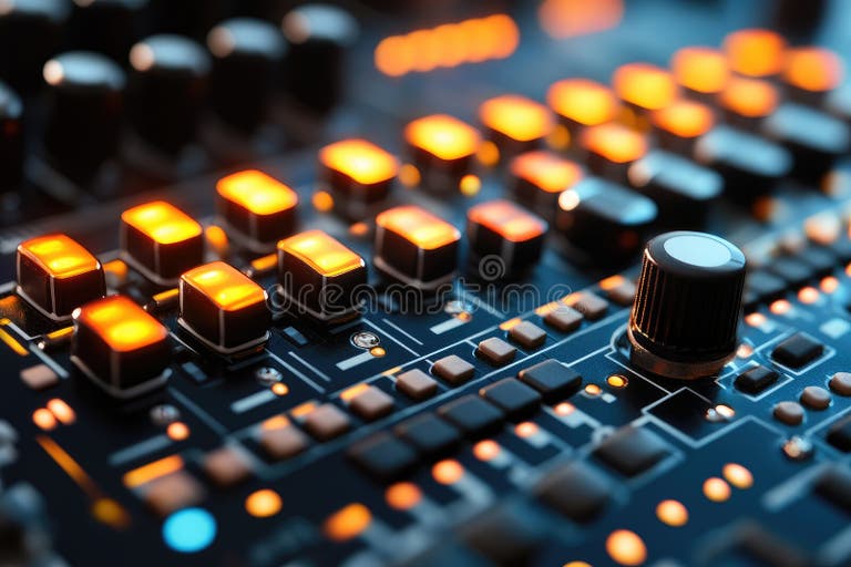 Illuminated Control Panel: Close-up of Glowing Buttons and a Knob on a ...