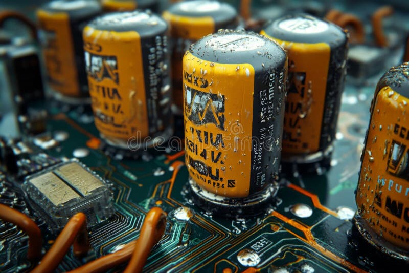 Close-up View of Electronic Circuit Board with Capacitors in Moisture ...