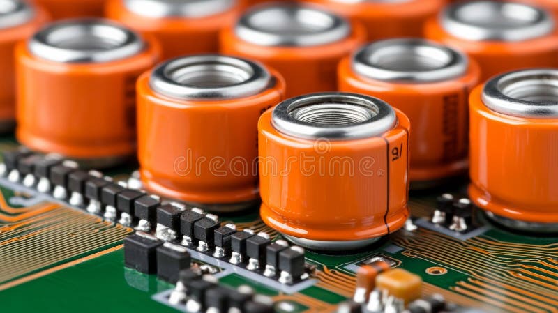 Close-up View of Electronic Circuit Board with Orange Capacitors and ...