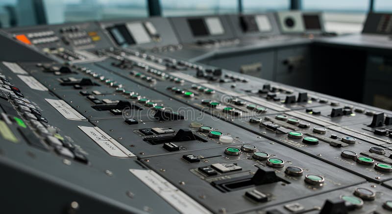 Untouched Airport Control Panel Closeup: Gray Metallic Surface with ...
