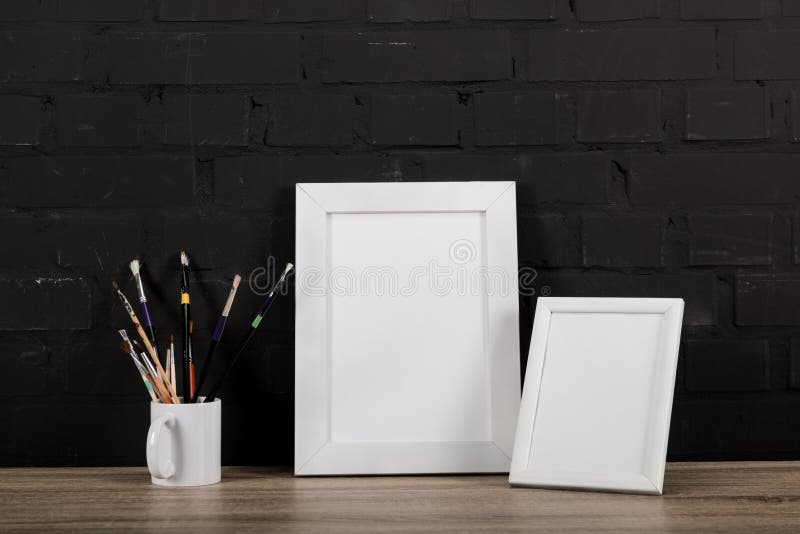 Photo Frames and Drawing Equipment on Table Stock Image - Image of ...