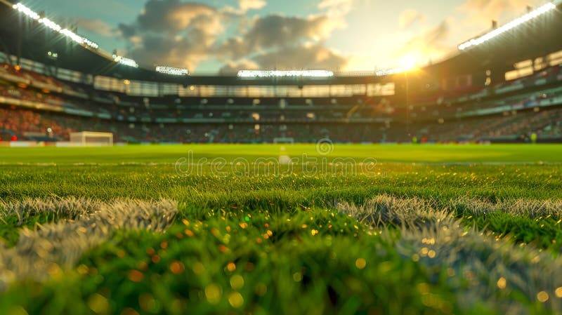 Close-up View of an Empty Soccer Stadium with Green Grass in the ...