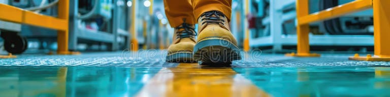 The Close Up View of Engineer Working Inside Factory and Focus on Boots ...