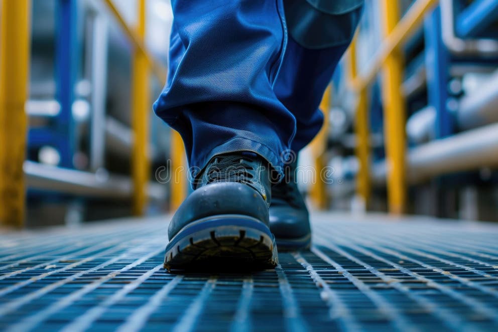 The Close Up View of Engineer Working Inside Factory and Focus on Boots ...
