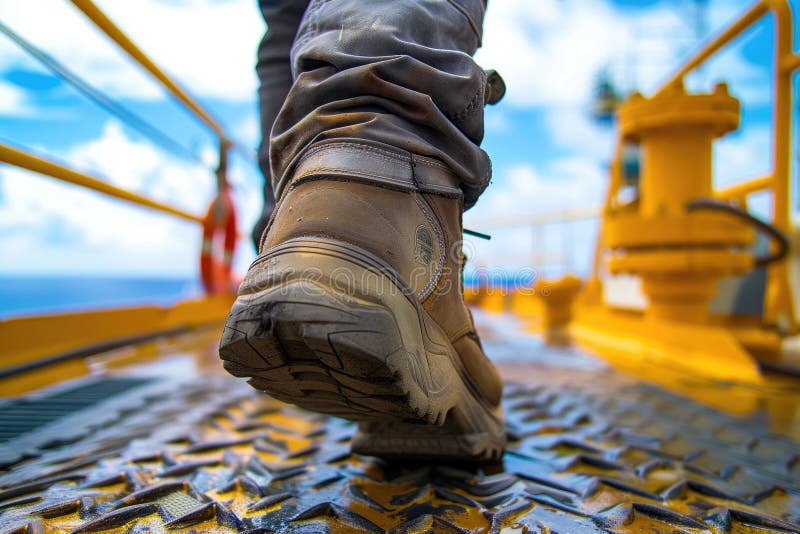 The Close Up View of Engineer Working Inside Factory and Focus on Boots ...
