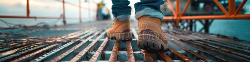 The Close Up View of Engineer Working Inside Factory and Focus on Boots ...