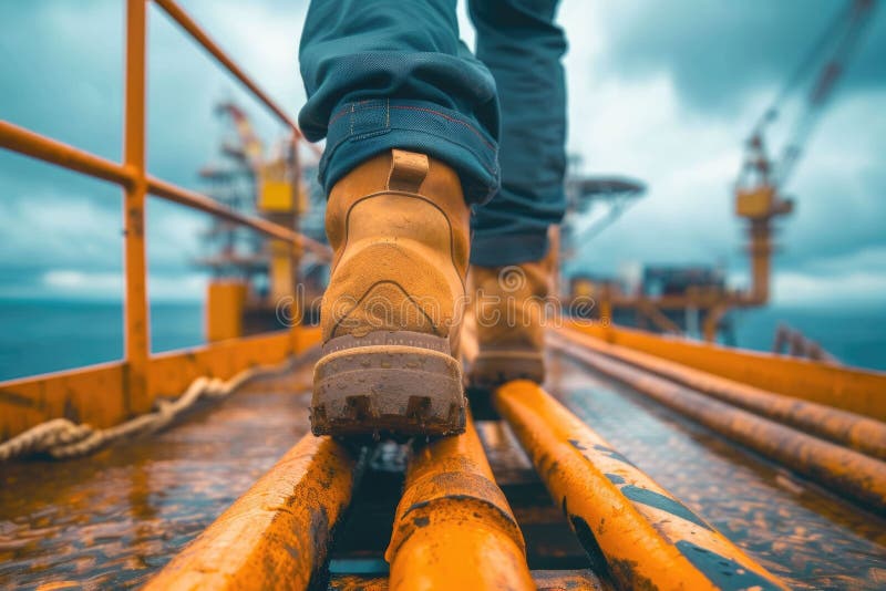 The Close Up View of Engineer Working Inside Factory and Focus on Boots ...