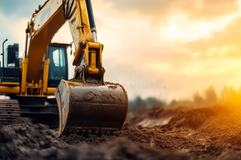 Close-up View of Excavator Bucket Digging into Dirt at Construction ...