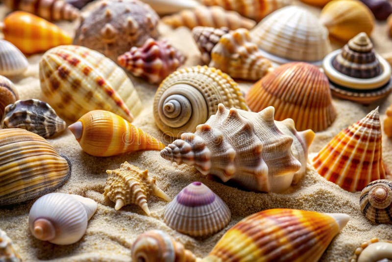 Exotic shells on sand stock illustration. Illustration of ocean - 367901973