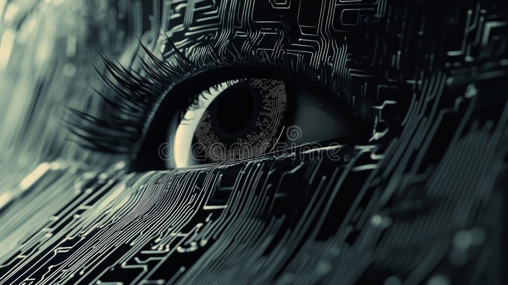 A Close-up View of an Eye Integrated into Intricate Circuit Patterns ...