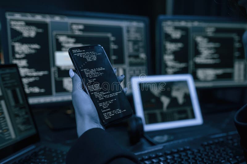 Close Up View of Female Hacker Hands, Holding Smartphone Stock Photo ...
