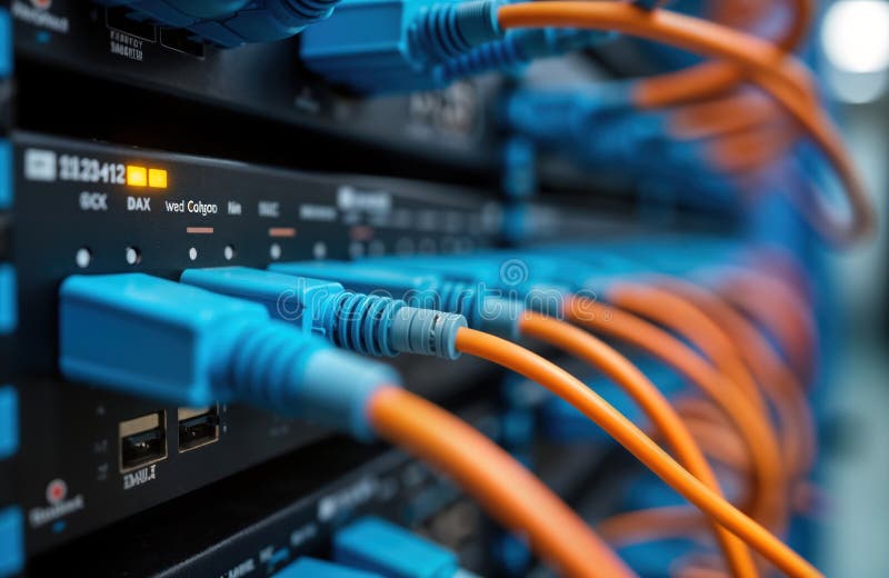 Close-up View of Fiber Optic Cables Connected To Server Rack Front ...
