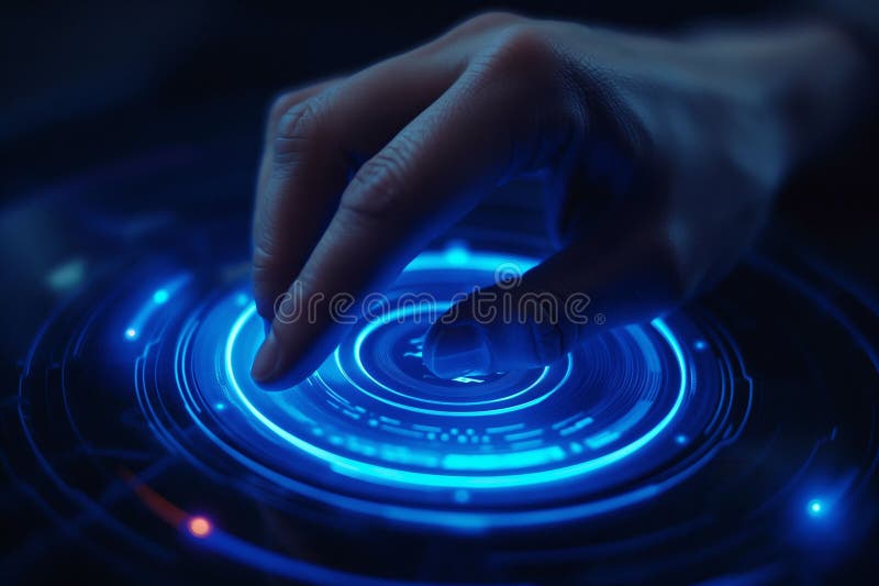 Closeup of a Finger Interacting with a Blue Glowing Circle Interface ...